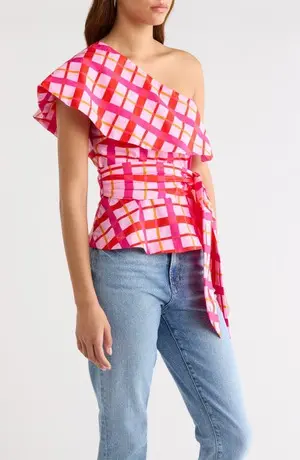 SUGARLIPS Plaid One-shoulder Cotton Top