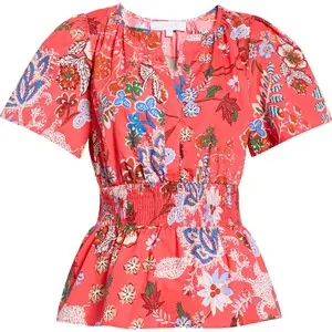 SUGARLIPS Oreanna Floral Sarina Smocked Top - Coral-blue