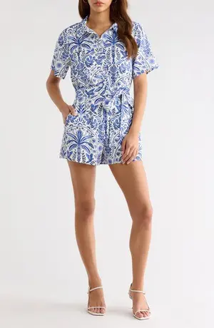SUGARLIPS Romina Tropical Soria Belted Romper - White Blue-multi