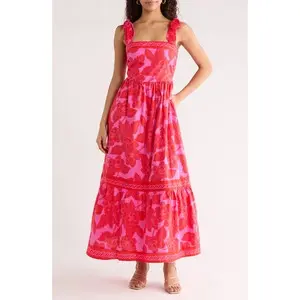 SUGARLIPS Rency Floral Tiered Cotton Maxi Sundress - Fuchsia-red