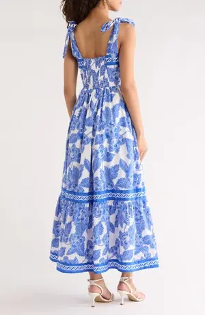 SUGARLIPS Floral Tiered Cotton Maxi Sundress - White-blue