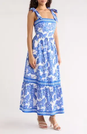 SUGARLIPS Floral Tiered Cotton Maxi Sundress - White-blue