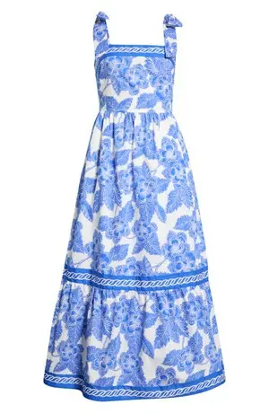 SUGARLIPS Floral Tiered Cotton Maxi Sundress - White-blue