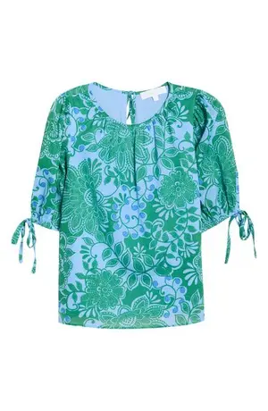 SUGARLIPS Tressa Floral Kareli Puff Sleeve Top - Kelly-blue-multi