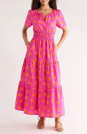 SUGARLIPS Rosy Polka Dot Tiered Cotton Poplin Maxi Dress - Fuchsia-orange-dot