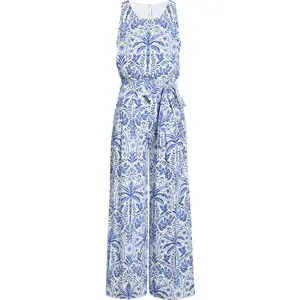 SUGARLIPS Romina Tropical Jora Belted Jumpsuit - White Blue-multi
