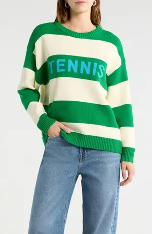SUGARLIPS Tennis Stripe Relaxed Fit Cotton Sweater - Kelly-cream
