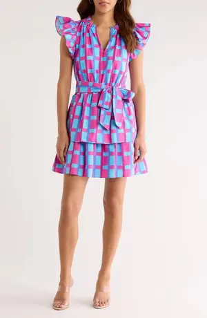 SUGARLIPS Marvy Checker Emie Ruffle Minidress - Fuchsia-blue-multi