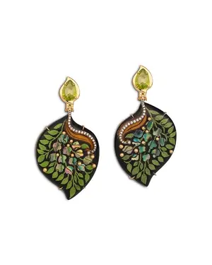 SILVIA FURMANOVICH 18k Yellow Kashmir Peridot, Abalone, Diamond & Leaf Drop Earrings - Gold