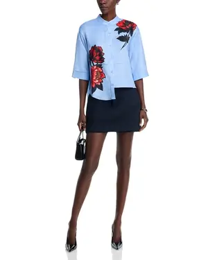 NANCY YANG Band Collar Elbow Sleeve Shirt - Blue
