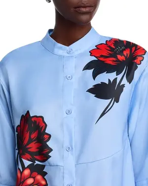 NANCY YANG Band Collar Elbow Sleeve Shirt - Blue