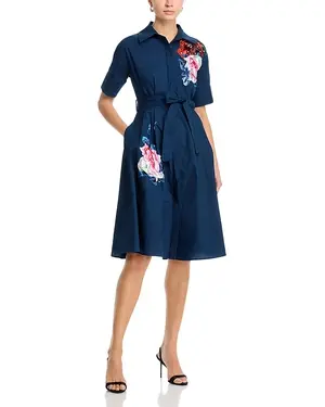NANCY YANG Floral Embroidered Shirtdress - Navy