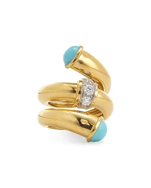 David Webb Platinum & 18k Yellow Tool Chest Turquoise & Diamond Pipe Hammered Coil Ring - Gold