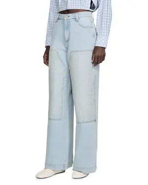 Sandro Landon High Rise Straight Leg Crystal Patch Jeans - Light Blue Jean