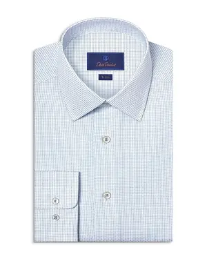 David Donahue Trim Fit Dobby Micro Grid Dress Shirt - White/ Blue