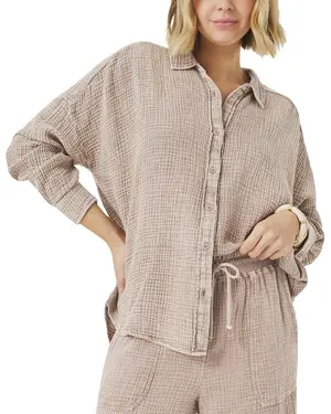 Splendid Ava Gauze Button Down Shirt - Light Wicker