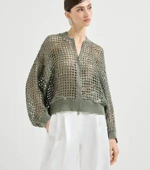 Brunello Cucinelli Sequin Mesh Zip Up Cardigan