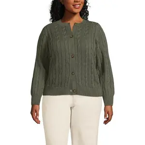LANDS' END Drifter Classic Cable Crew Neck Cardigan Sweater - Forest Moss