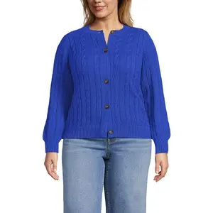 LANDS' END Drifter Classic Cable Crew Neck Cardigan Sweater - Vibrant Lapis