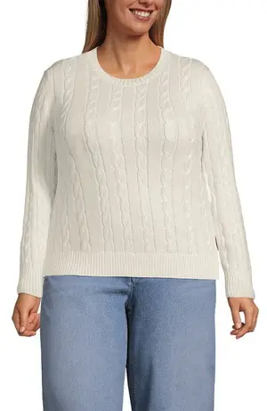 LANDS' END Drifter Classic Cable Crew Neck Sweater - Fresh Ivory