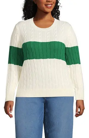 LANDS' END Plus Size Drifter Classic Cable Crew Neck Sweater Single Stripe/vibrant Clover