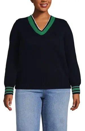 LANDS' END Drifter Set In Sleeve Vneck Sweater - Navy/clover Tipping