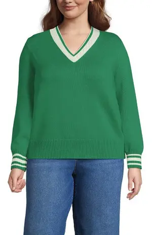 LANDS' END Drifter Set In Sleeve Vneck Sweater - Vibrant Clover/ivory Tipping