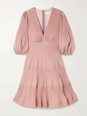 Zimmermann Tiered Plissé Silk-organza Mini Dress - Baby Pink