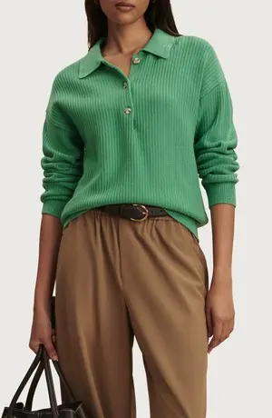 Varley Marlie Half Placket Knit Polo Sweater - Green Spruce