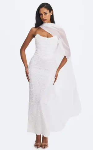 MISS CIRCLE Myra Beaded Mesh Strapless Maxi Dress - White