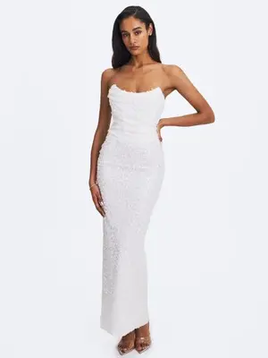 MISS CIRCLE Myra Beaded Mesh Strapless Maxi Dress