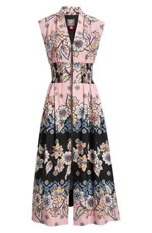 Vince Camuto Smocked Waist Stretch Cotton Midi Dress