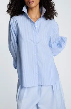 KENNETH COLE Pinstripe Button-up Boyfriend Shirt - Blue Dawn Mlt