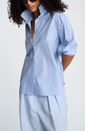 KENNETH COLE Pinstripe Button-up Boyfriend Shirt - Blue Dawn Multi