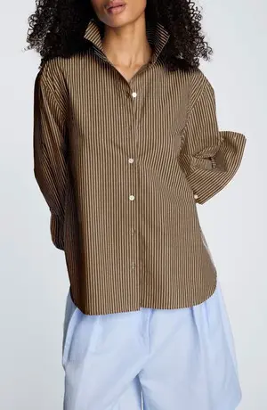 KENNETH COLE Pinstripe Button-up Boyfriend Shirt - Mesquite Multi