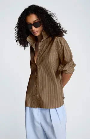 KENNETH COLE Pinstripe Cotton Boyfriend Shirt - Mesquite Multi