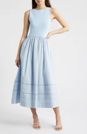 Moon River Sleeveless Mixed Media Midi Dress - Light Blue