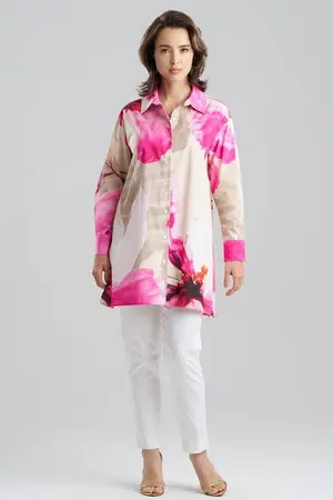 Natori Orchid Cotton Poplin Oversized Button Down Shirt - Pink