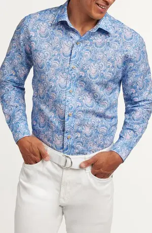 David Donahue Paisley Print Linen & Cotton Shirt - Navy/pink