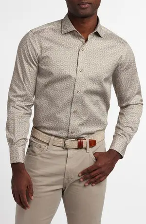 David Donahue Geometric Print Cotton Sport Shirt - Dune