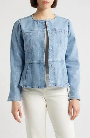 Wit & Wisdom Embroidered Peplum Denim Jacket - Light Blue