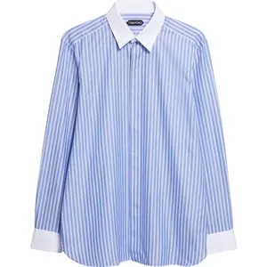 TOM FORD Classic Fit Contrast Collar Stripe Button-up Shirt - White/blue