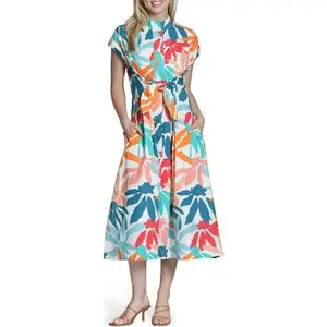 APNY Floral Tie Front Cotton Dress - Hot Coral Multi