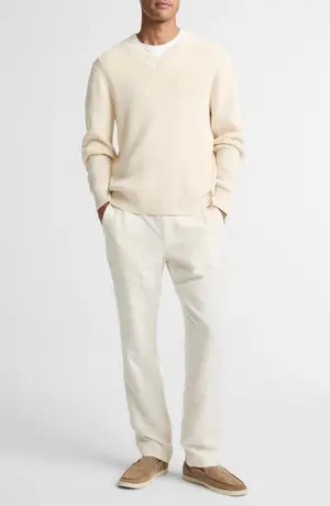 Vince Solid V-neck Cotton Blend Ribbed Sweater