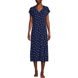 LANDS' END Short Sleeve Cooling Midi Nightgown - Deep Sea Navy Dot