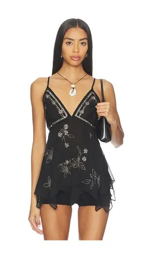 Free People Embellished V-neck Top With Tiered Hem - Black