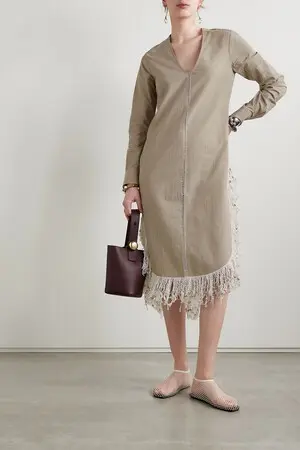 DIOTIMA Una Oversized Fringed Bead-embellished Checked Cotton Midi Dress