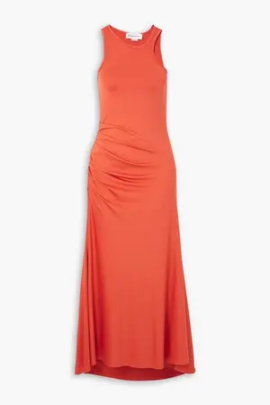 Victoria Beckham Asymmetric Ruched Satinjersey Midi Dress - Papaya