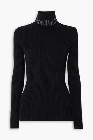 JEAN PAUL GAULTIER Ribbed Merino Woolblend Jacquard Turtleneck Top - Black