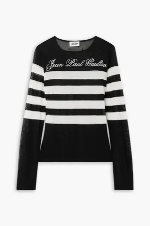 JEAN PAUL GAULTIER Marinière Embroidered Striped Mesh Top - Black